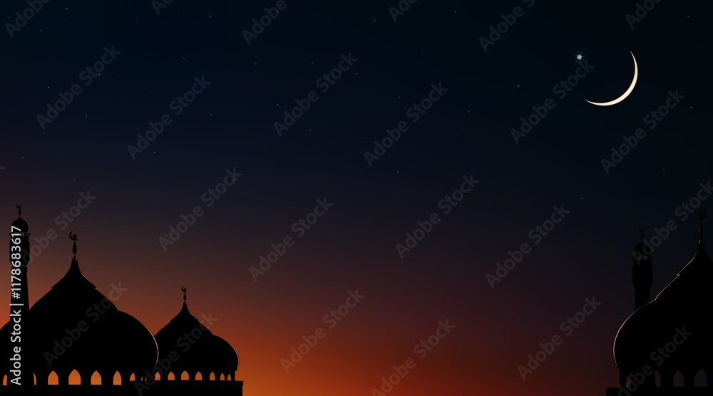 Stock-Vektorgrafik „Night Sky with Star,Islamic card with Mosques dome ...