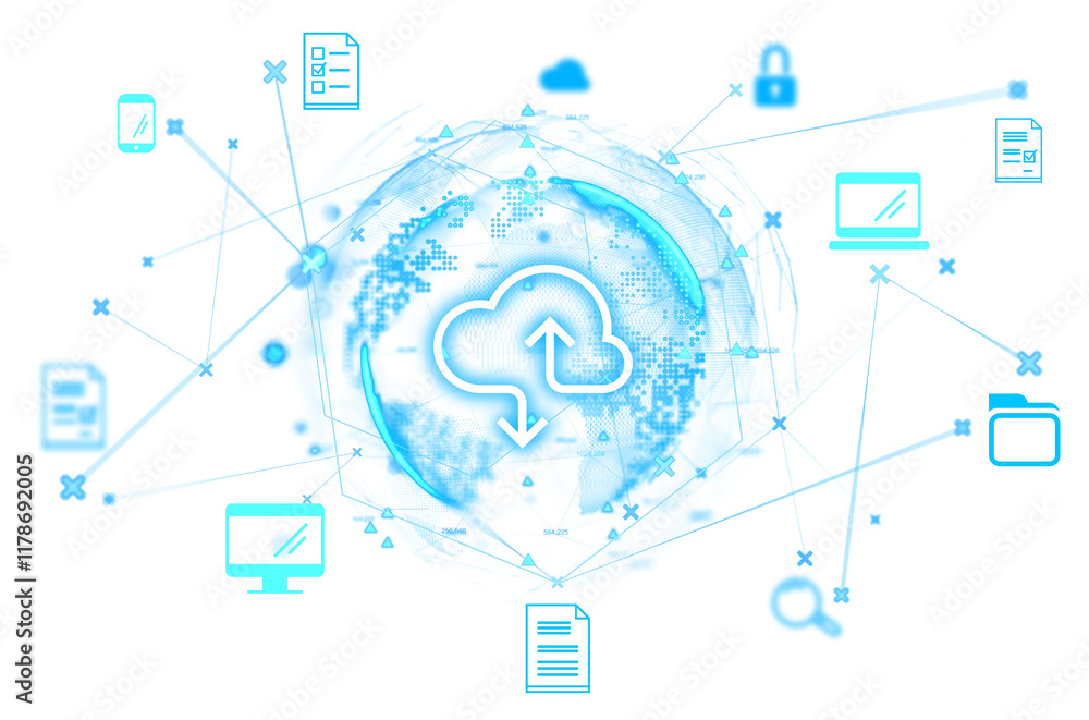Cloud storage concept showing a glowing cloud icon connected to various ...