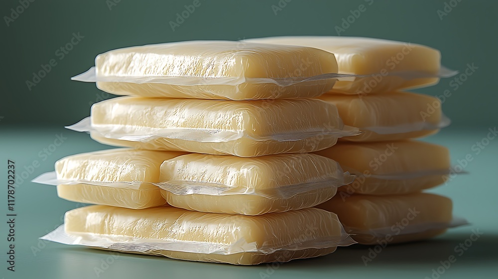 Stacked cheese blocks in plastic packaging on teal surface. Stock ...