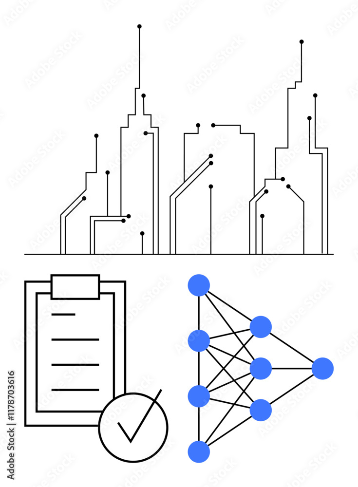 Urban skyline with circuit elements, verified task checklist, neural ...