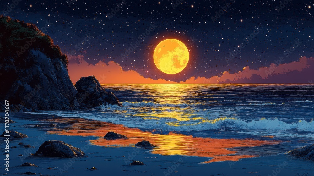 Night seascape with full moon rising over ocean waves and rocky shore ...