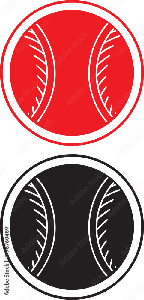 Baseball icons, simple line drawings, red and black outlines, circular ...