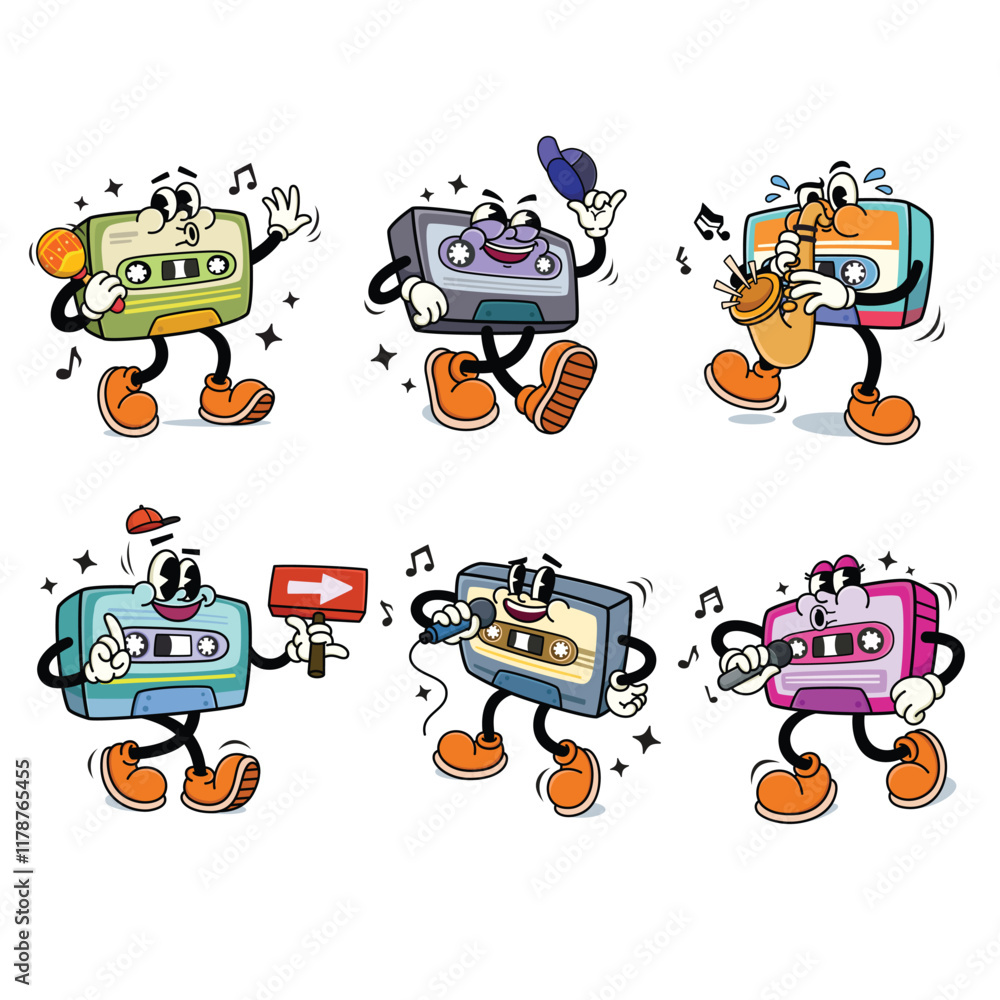 Set of Retro Cassette Tape Cartoon Illustration with Varied Poses and ...