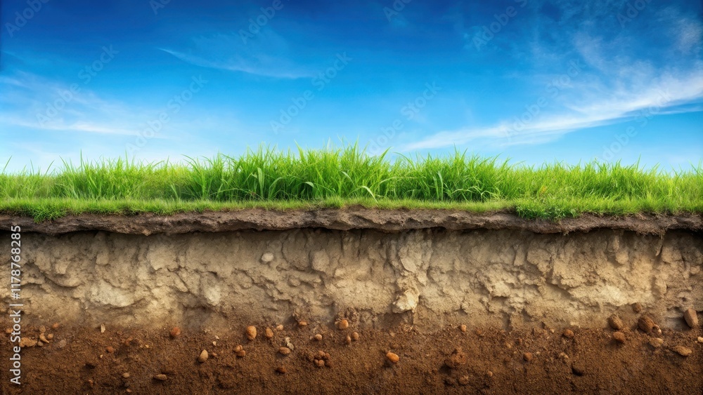 Underground soil layer with erosion ground and grass on top ...