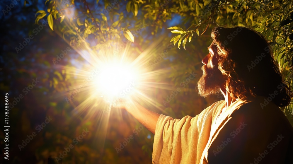 Jesus Christ reaching out his hand to bright light and standing under ...