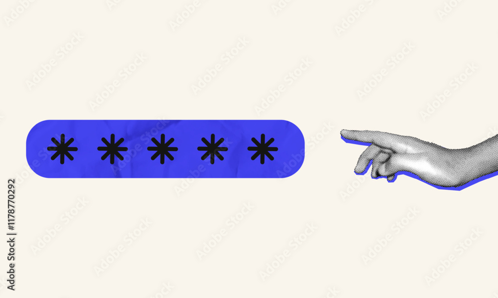 halftone collage, Secure access Blue paper password field with ...