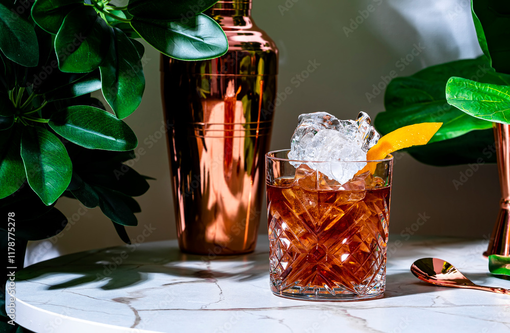 Rye Bandit, alcoholic cocktail drink with bourbon, bitters, Italian ...