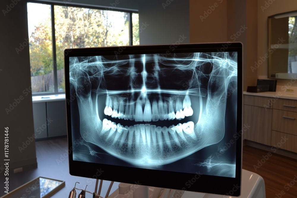 glowing dental x-ray displayed on large screen in modern office with ...