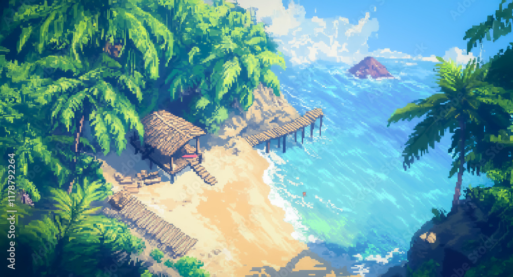 A stunning pixel-art tropical island scene viewed from above, depicting ...