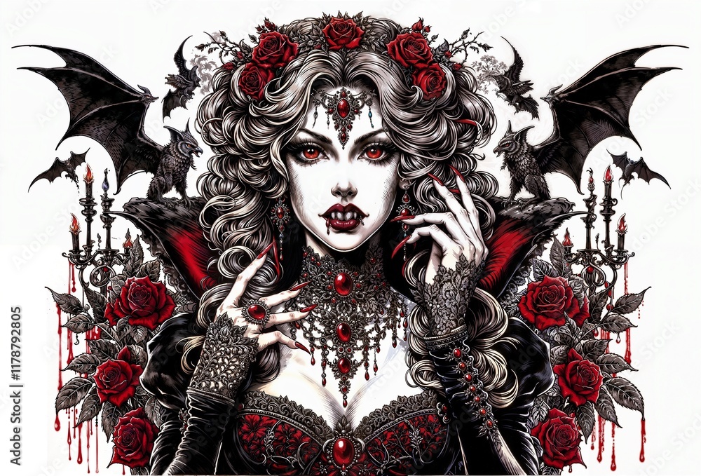 Striking vampire woman with red eyes and fangs stands amid roses and ...