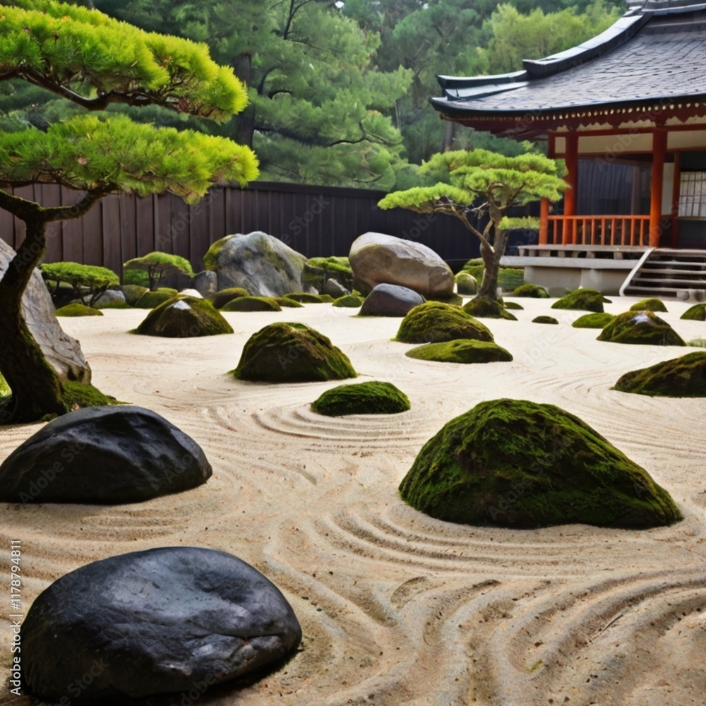 Japanese Zen garden with rocks, moss, trees, and temple background ...