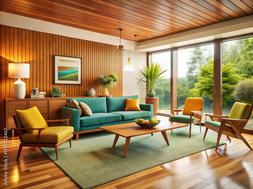 Mid-century modern living room: retro furniture, vintage decor, atomic ...