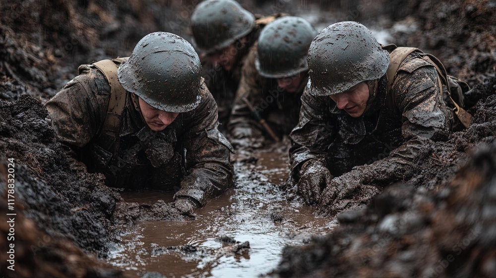 Soldiers helping each other in a muddy trench, camaraderie and ...