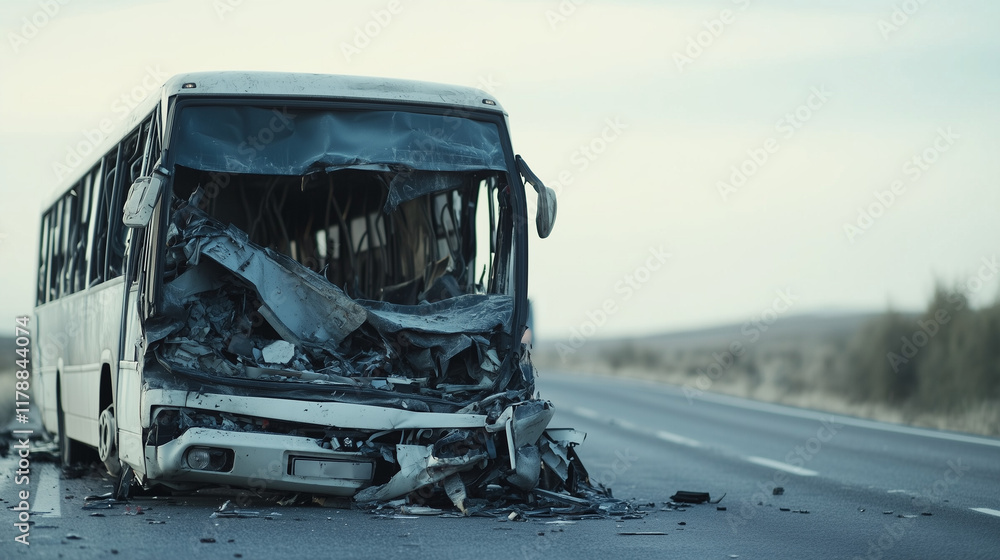 Photo Stock Bus Crash Aftermath: A severely damaged bus sits on a ...