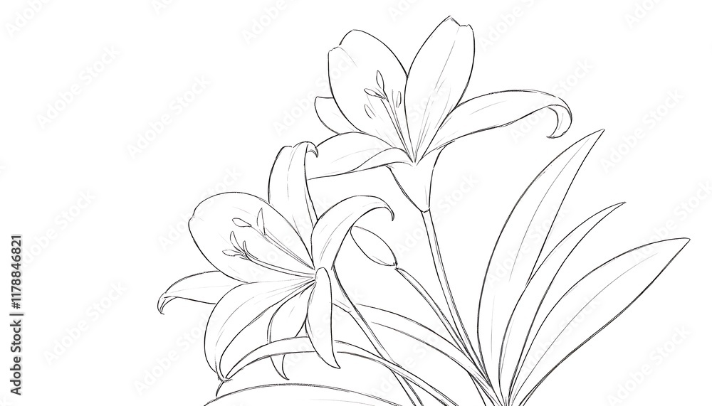 Elegant Line Art Drawing of Lilies. A detailed line art sketch of two ...