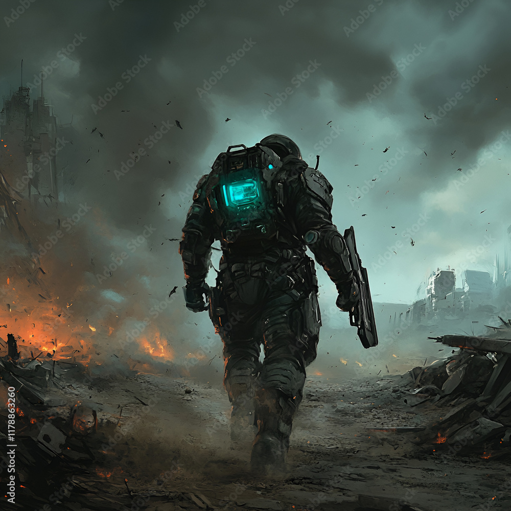 ภาพถ่าย Stock Armored Soldier in Apocalypse, Post-Apocalyptic Warrior ...