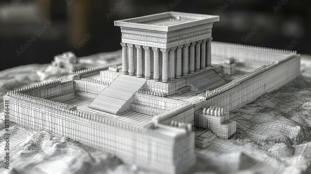 3D-printed temple model, ancient architecture, detailed design, blurred ...