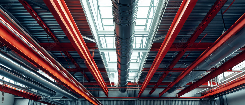 Bird's eye view of red steel beams and industrial ductwork in a modern ...