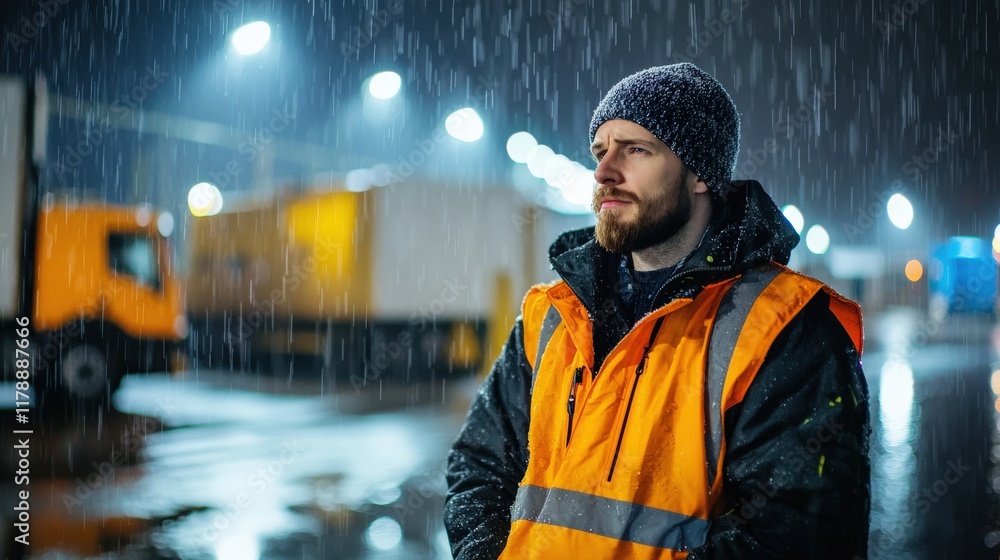 Confident truck driver standing in a rainy warehouse yard at night ...