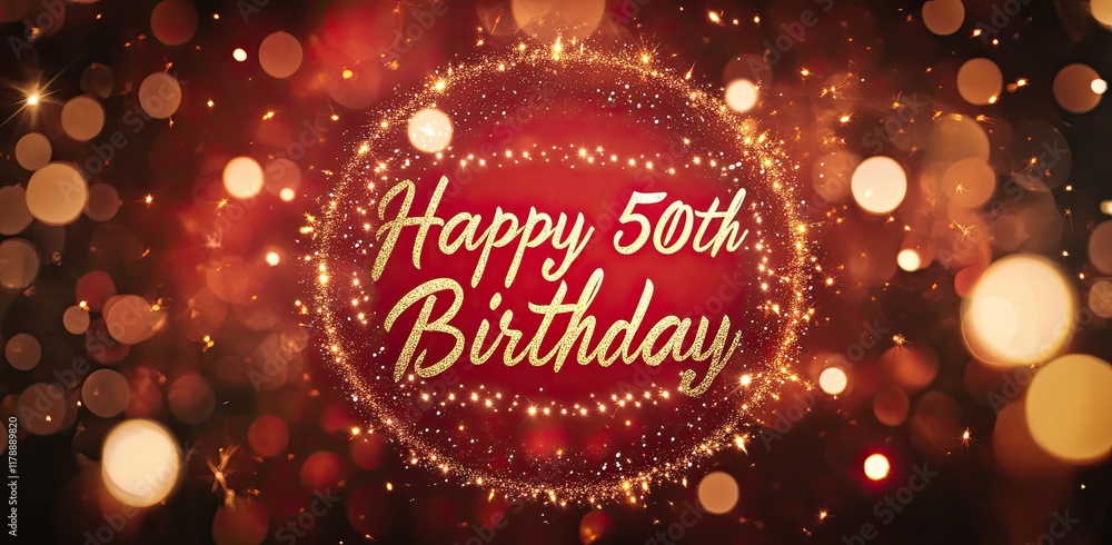The text "50th BIRTHDAY" is written in golden sparkler fire on a red ...