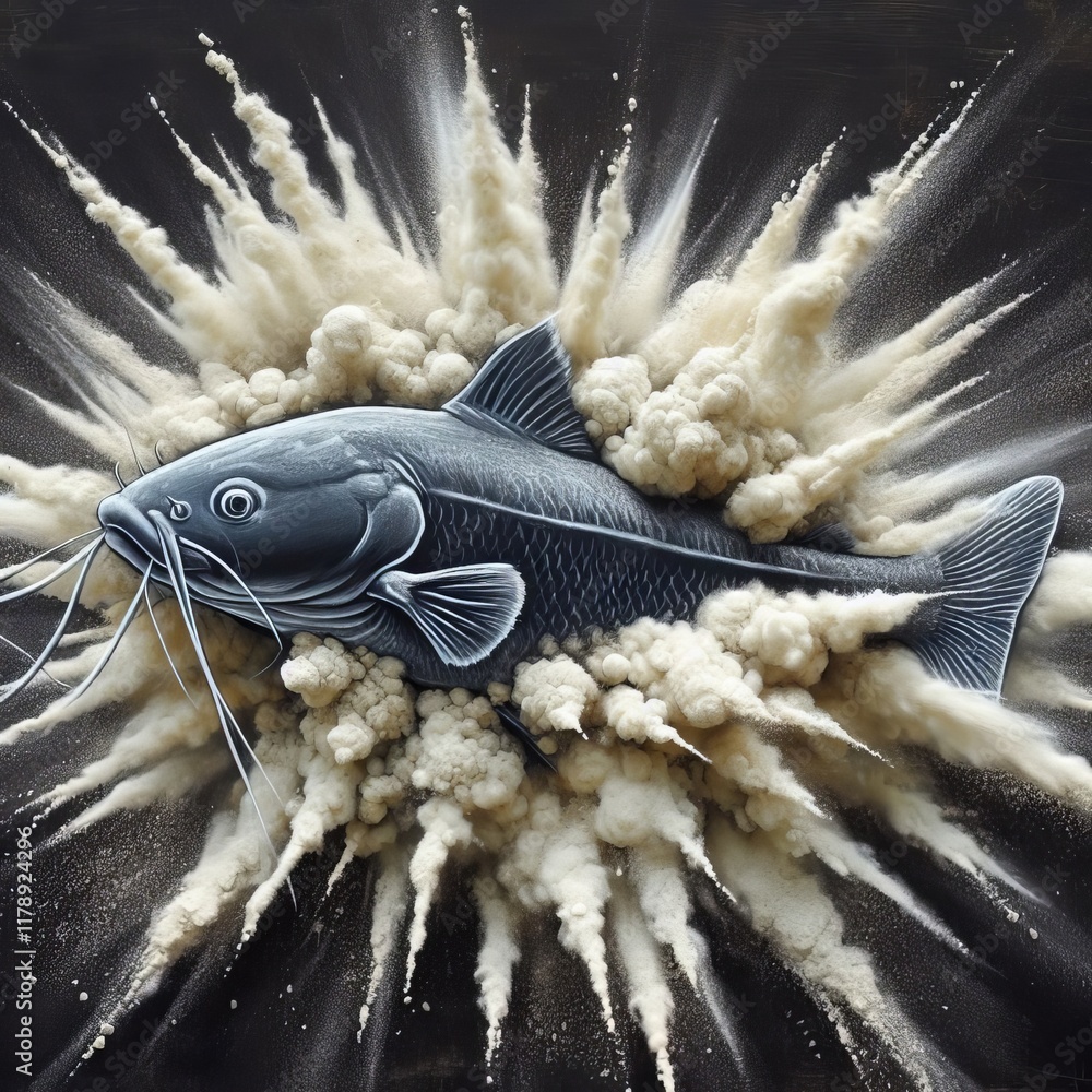 72 Exploding Catfish A catfish chalk piece exploding into a clou Stock ...