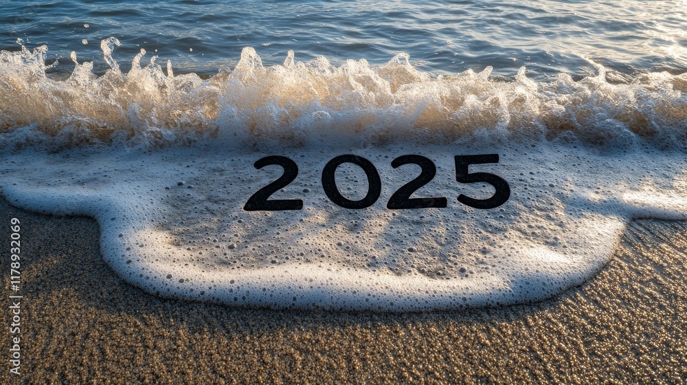 "2025" written in the sand of a quiet beach as waves gently approach ...