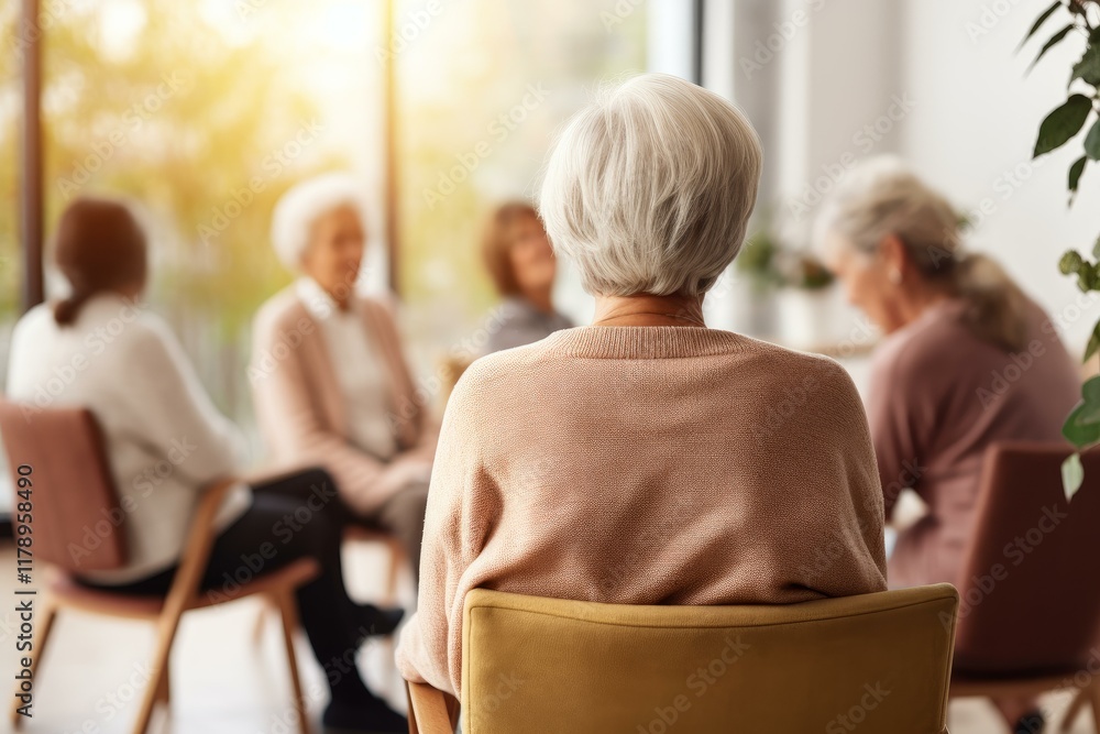 Senior woman participating in group therapy, focusing on mental health ...
