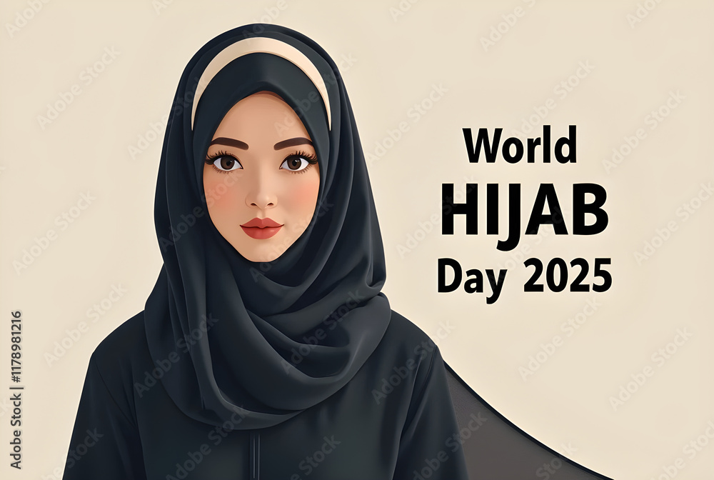 Woman wearing hijab celebrating World Hijab Day 2025 Stock Illustration ...