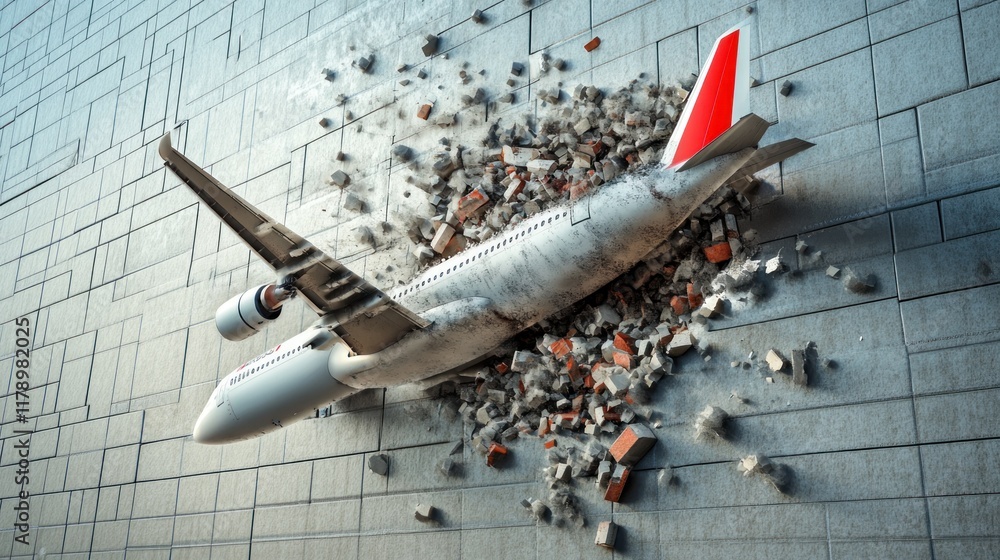 Airplane crashes into a wall, causing a large impact. Debris and broken ...