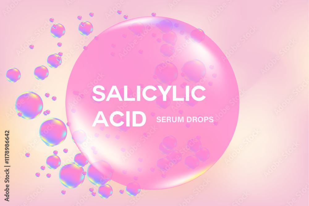 Glowing 3d salicylic acid liquid droplet with flowing fluid molecule ...