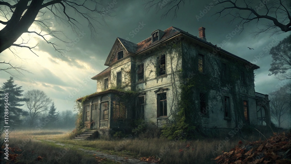 Abandoned Victorian mansion, dilapidated house, overgrown vegetation, eerie atmosphere, fog ...