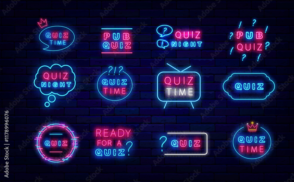 Quiz neon labels set. Speech bubble and frame. Play game concept ...