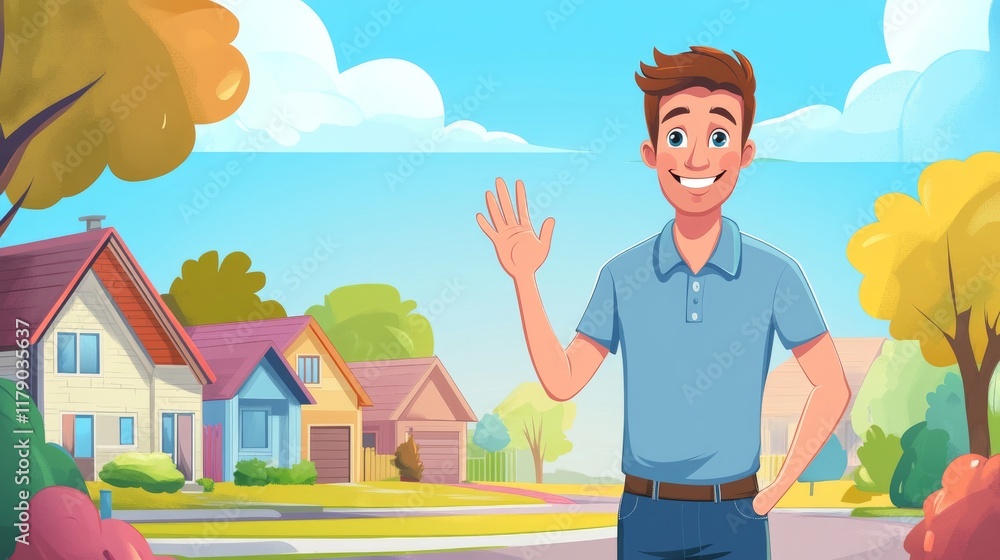 81.Vector illustration of a friendly male neighbor waving hello, set ...