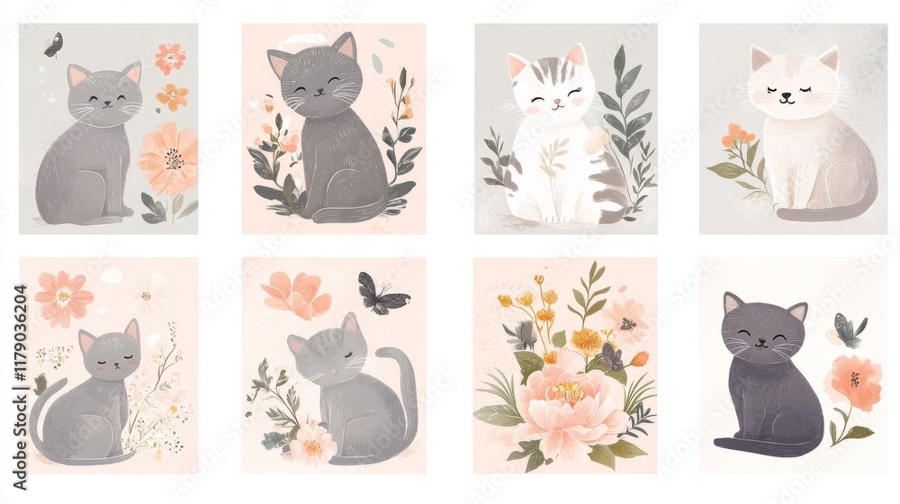 90.Illustrated greeting cards set with gray cats and floral motifs ...