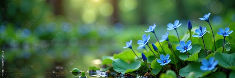 Blue forget me not flowers blooming in a forgotten corner of the marsh ...