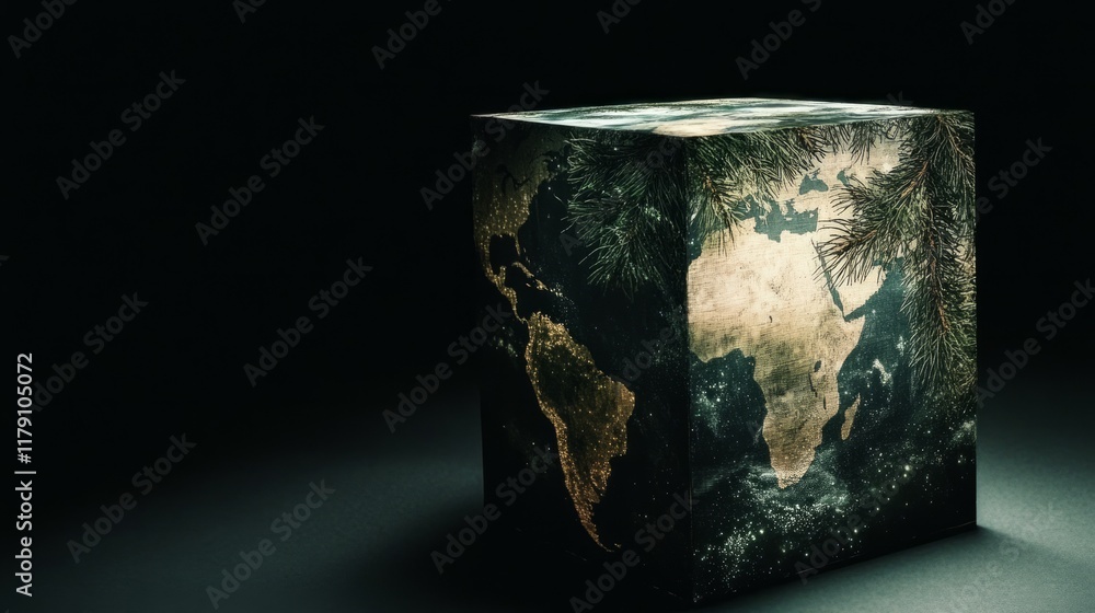 Earth as a cube with translucent body of water and a detailed relief ...