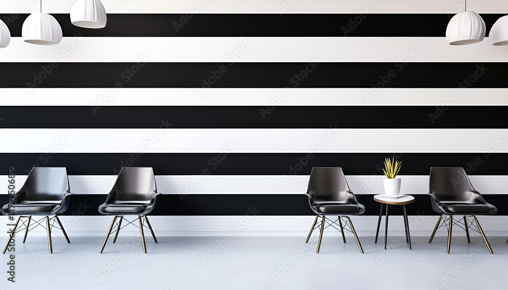 Bold, large-scale black and white stripes on an office wall, creating a ...