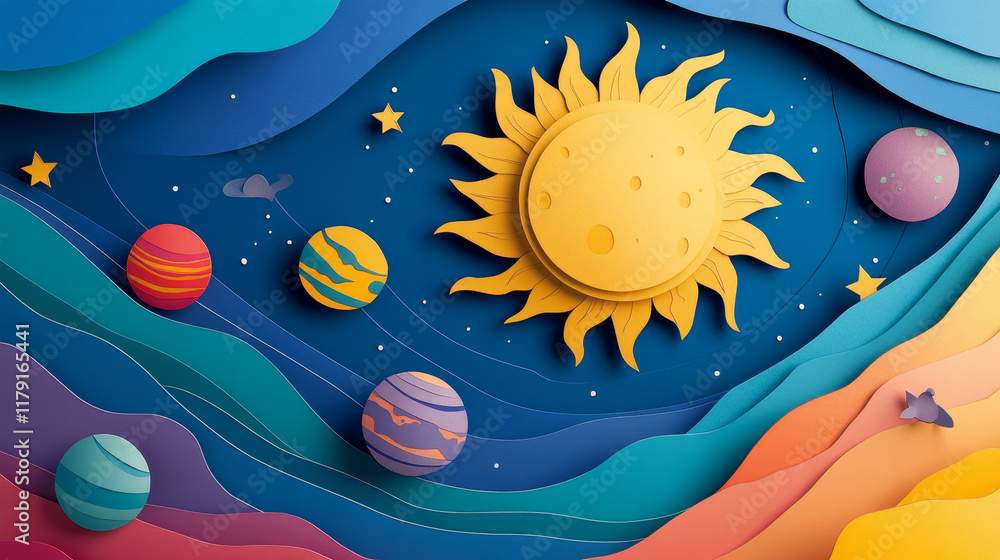 Paper cut space solar system infographics with planet earth, sun and ...