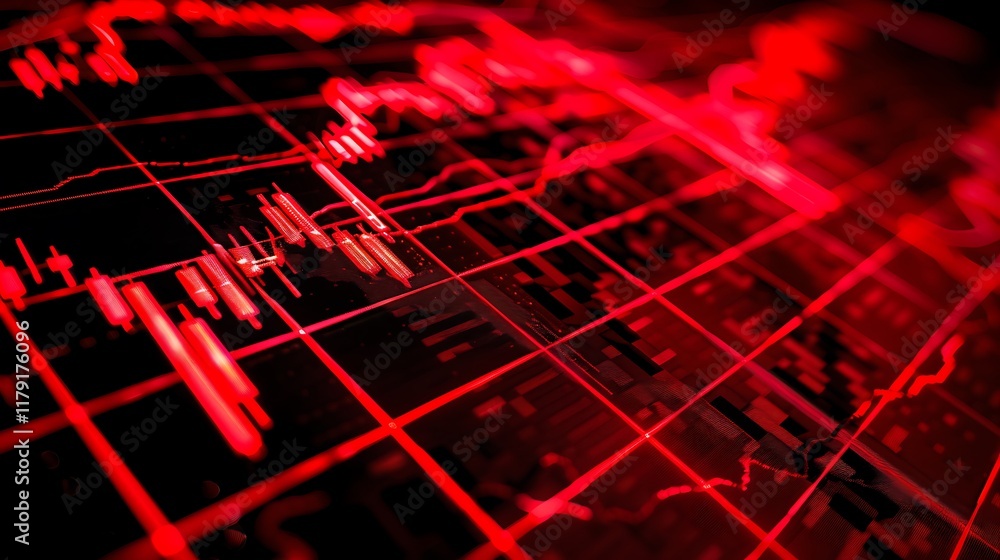 Stock market graph with fluctuating trend lines on a solid dark blue ...
