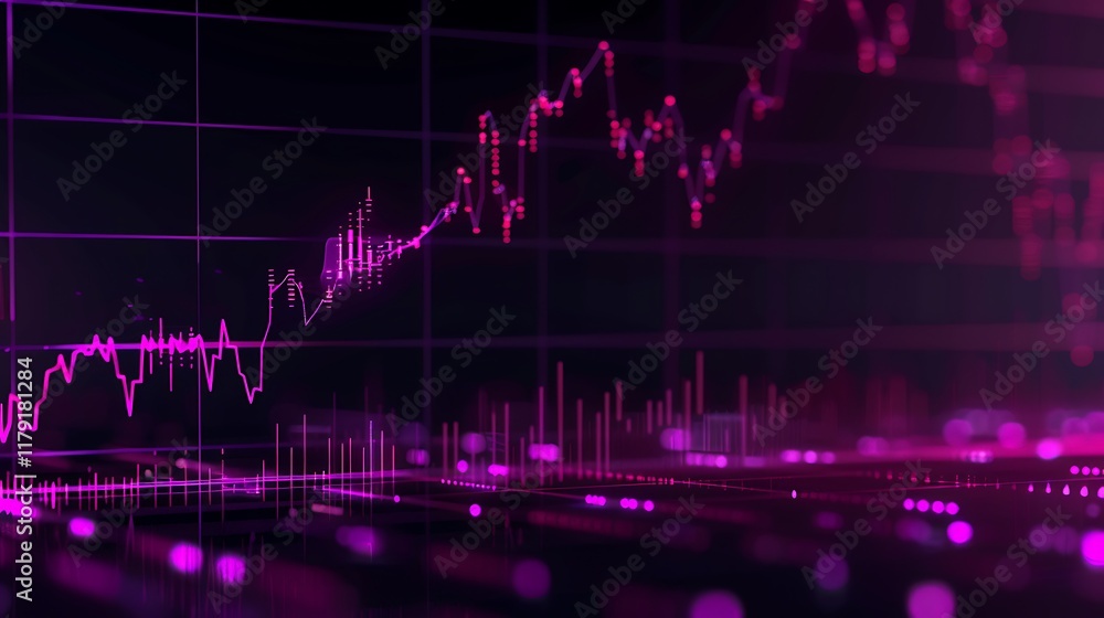 Stock market graph with fluctuating trend lines on a solid dark blue ...
