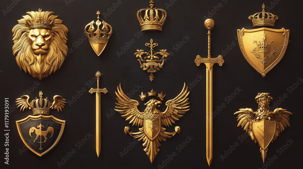 Royal badges and emblems of vector golden shields with heraldic lions ...