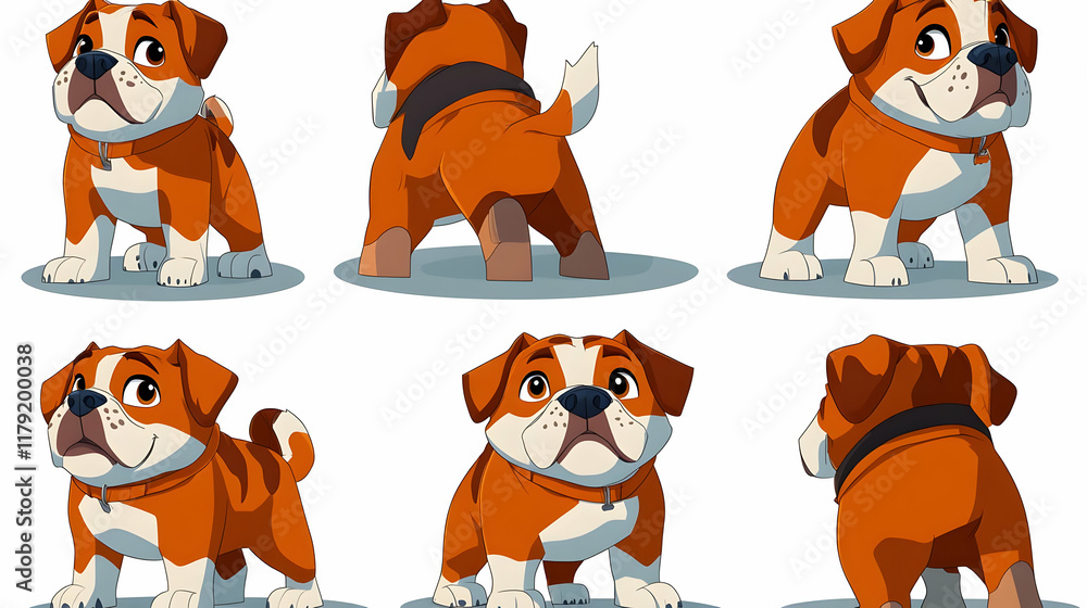 Playful Bulldog Character Poses in Various Angles for Animation, Design ...
