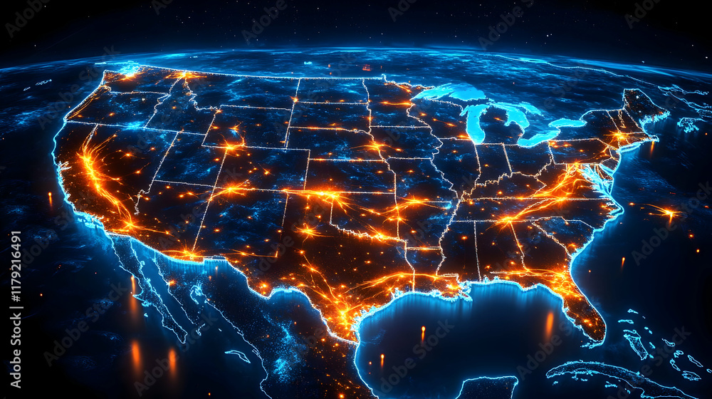 Ilustración de Stock Illuminated USA Map Shows Interconnected Cities ...