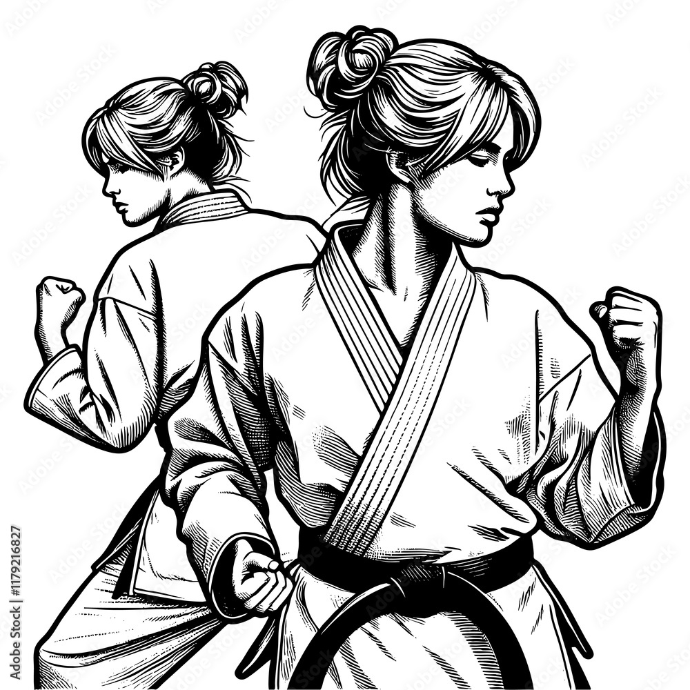 female martial artist sitting in a focused karate pose, wearing a ...