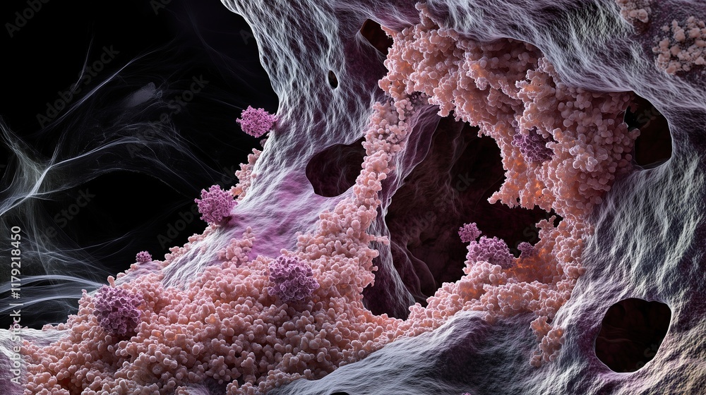 Microscopic view of metapneumovirus attacking lung epithelial cells ...