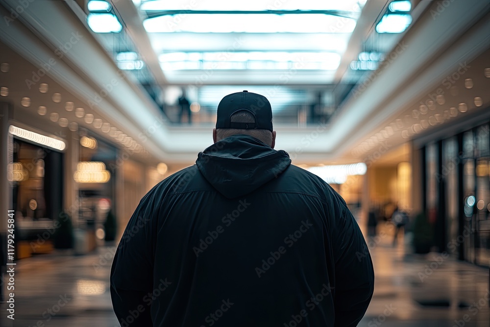 Generative AI Unfocused Mall Background with Black-Clad Security Guard ...