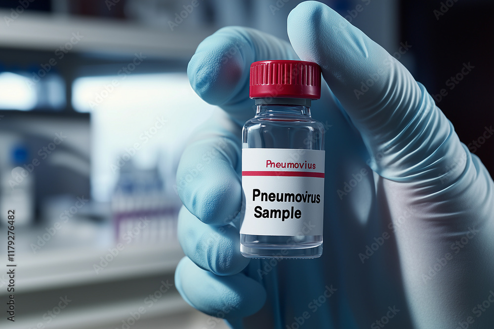 Gloved hand carefully holding a vial labeled Pneumovirus Sample in a ...
