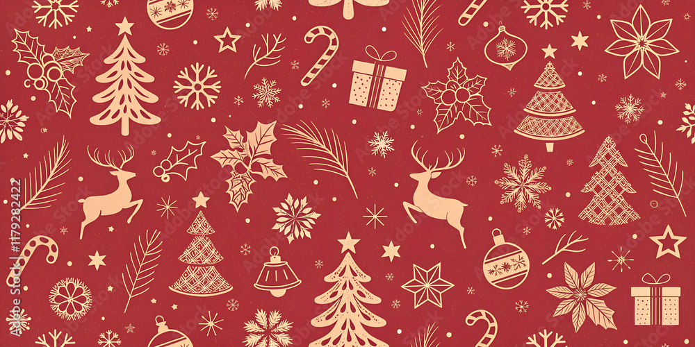Christmas themed pattern with a vibrant red background and the pattern ...