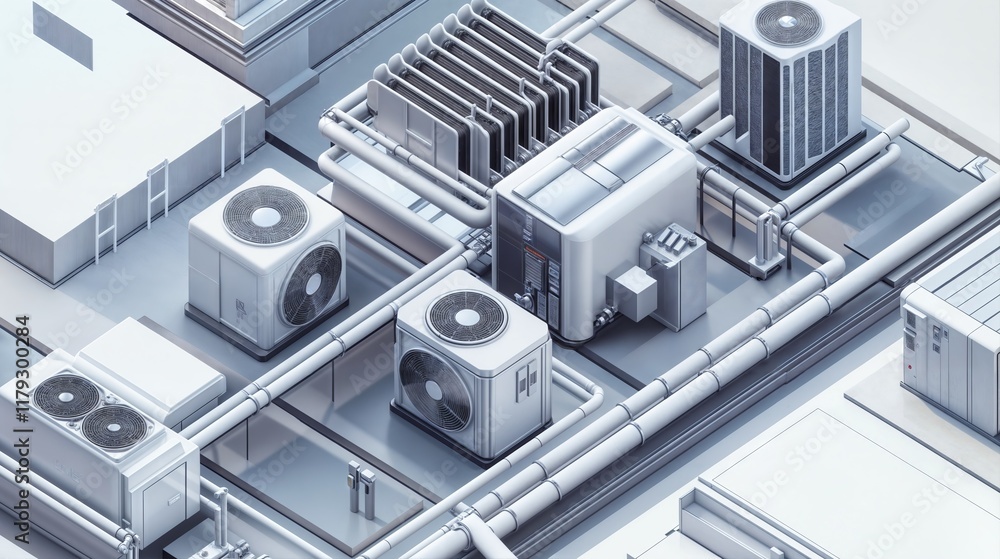 Complex network of pipes and air conditioning units connecting a ...