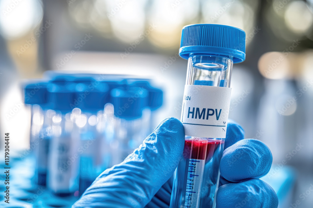 Doctor holding a test blood sample tube with Human metapneumovirus ...